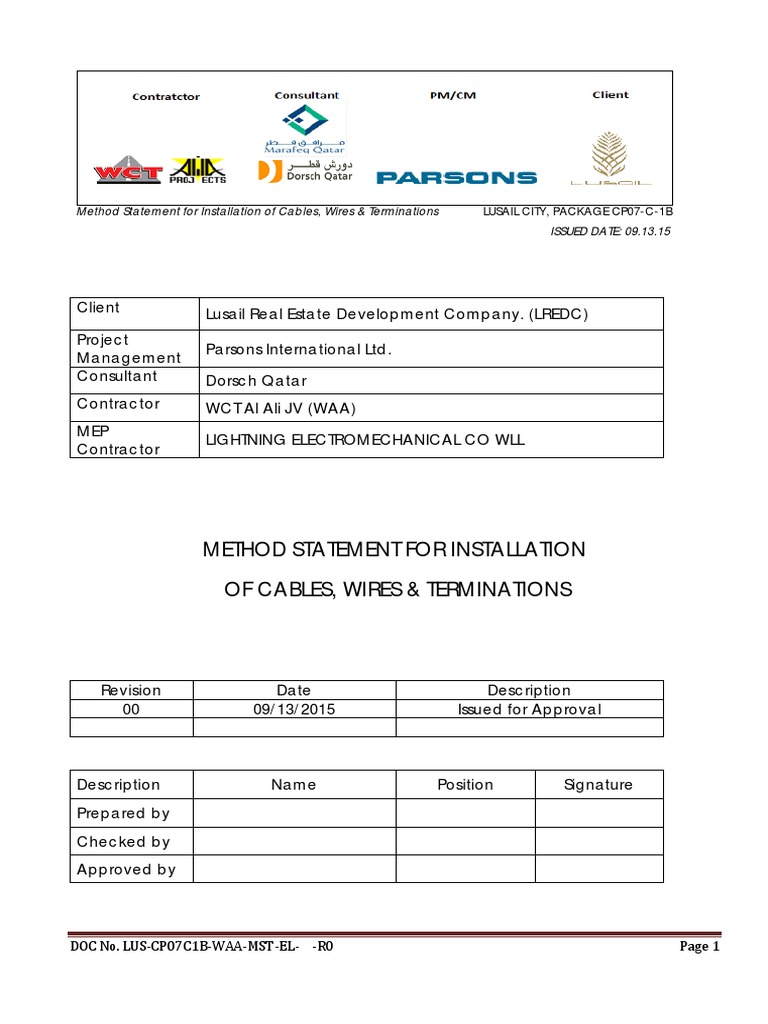 Method Statement For Installation Of Cables Wires And Termination Rev02 Cable Electrical Wiring