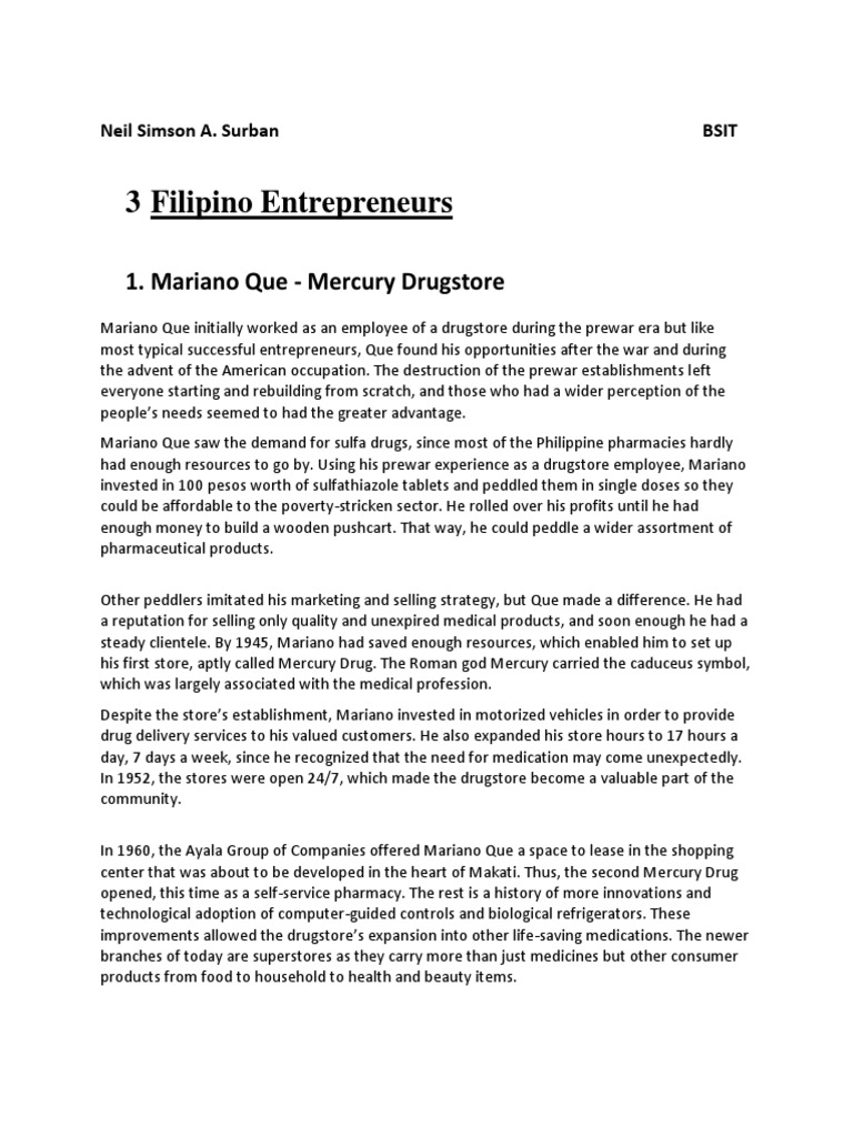 3 Filipino Entrepreneurs: 1. Mariano Que - Mercury Drugstore | Download ...