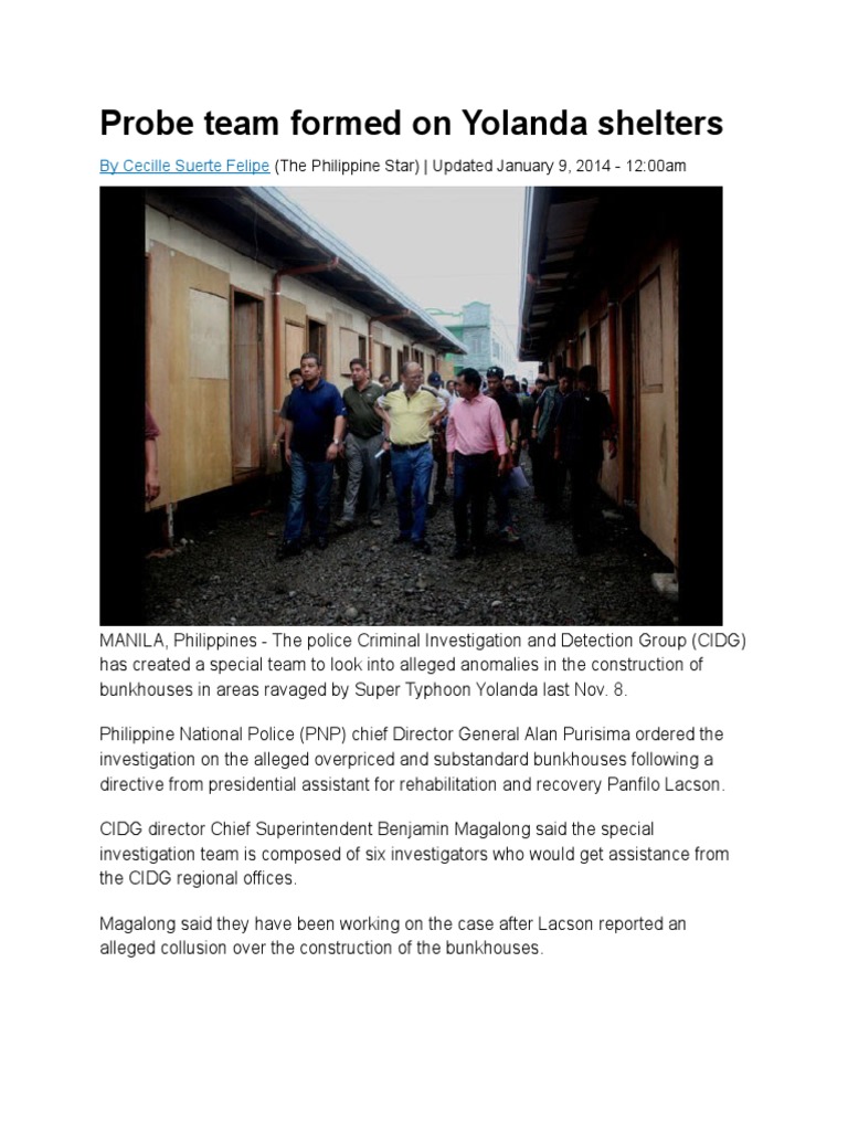 Probe Team Formed On Yolanda Shelters | PDF | Government