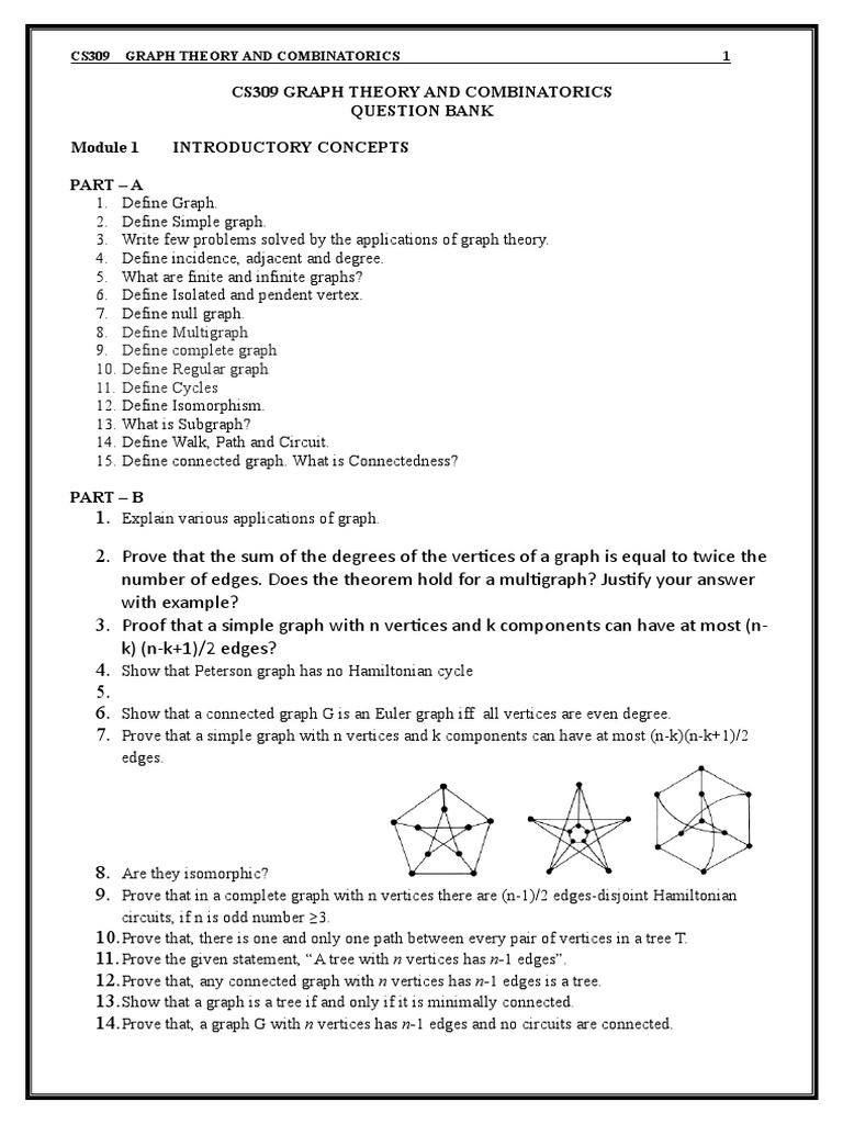 Cs309 Graph Theory and Combinatorics Question Bank Introductory Concepts Part - A | PDF