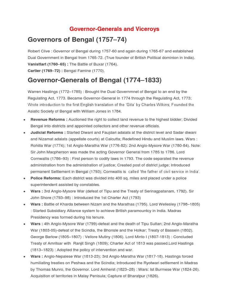 Governors of Bengal (1757 - 74) : Governor-Generals and Viceroys | PDF ...