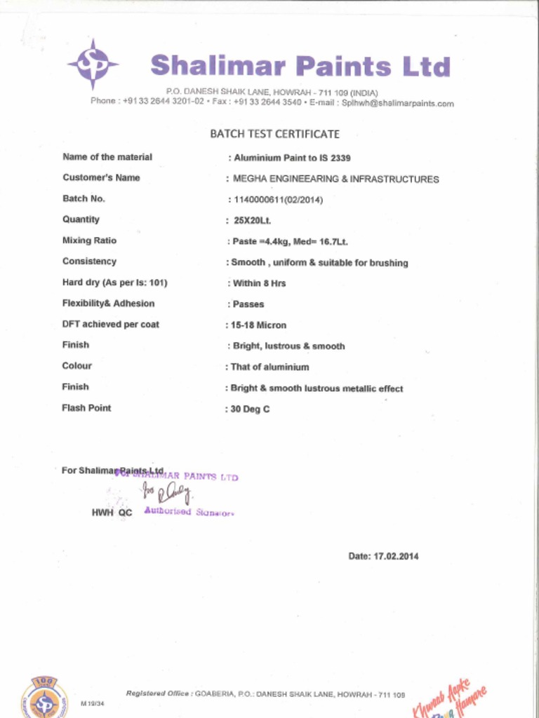 Shalimar Test Certificates 01.01.14 | PDF