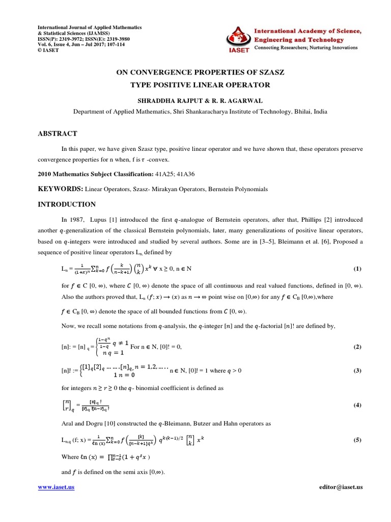 IJAMSS - On Convergence Properties of Szasz Type Positive Linear Operator | PDF | Continuous ...
