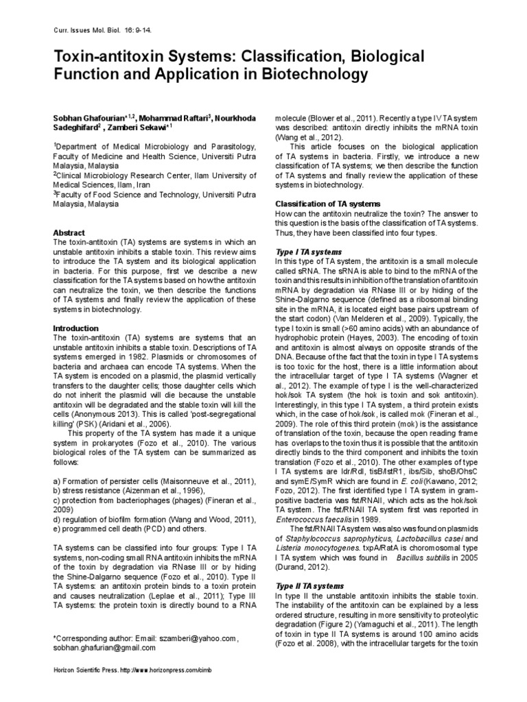 Toxin-Antitoxin Systems: Classification, Biological Function and Application in Biotechnology ...