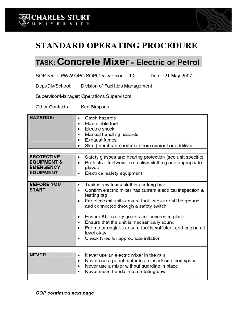 SOP Concrete Mixer v1.2 | PDF | Personal Protective Equipment | Industries