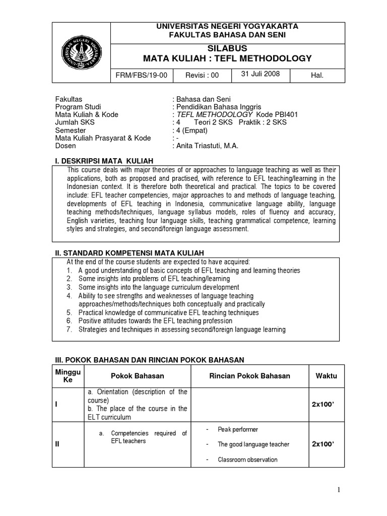 TEFL Methodology Syllabus UNY | PDF | English As A Second Or Foreign ...
