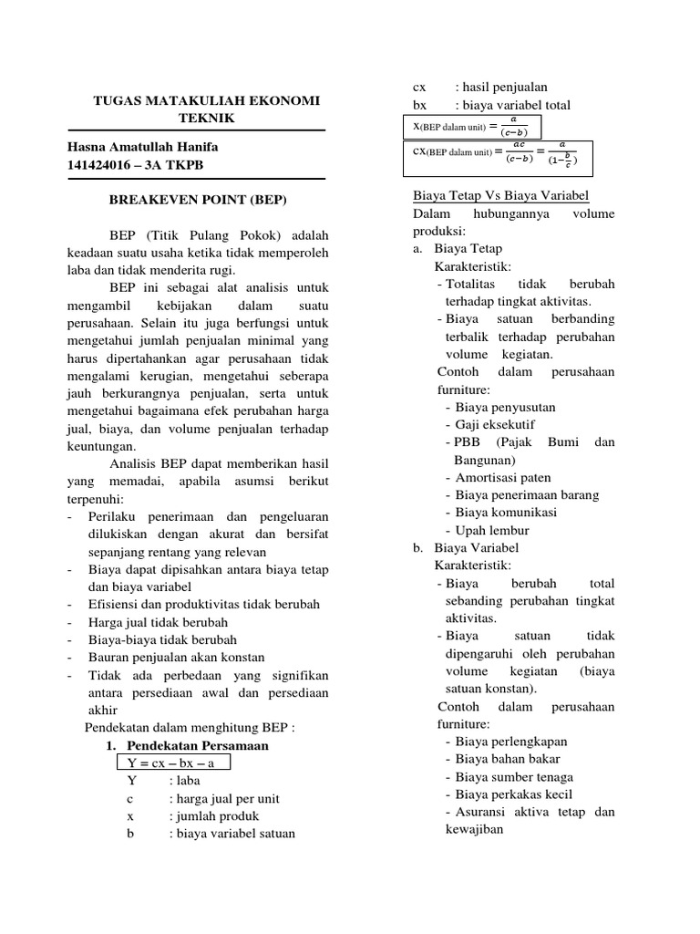 Ekonomi Teknik: Breakeven Point (BEP) | PDF