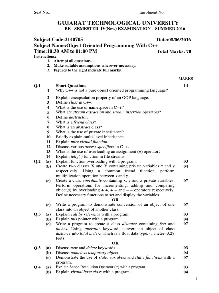 Gujarat Technological University | PDF | C++ | Object Oriented Programming