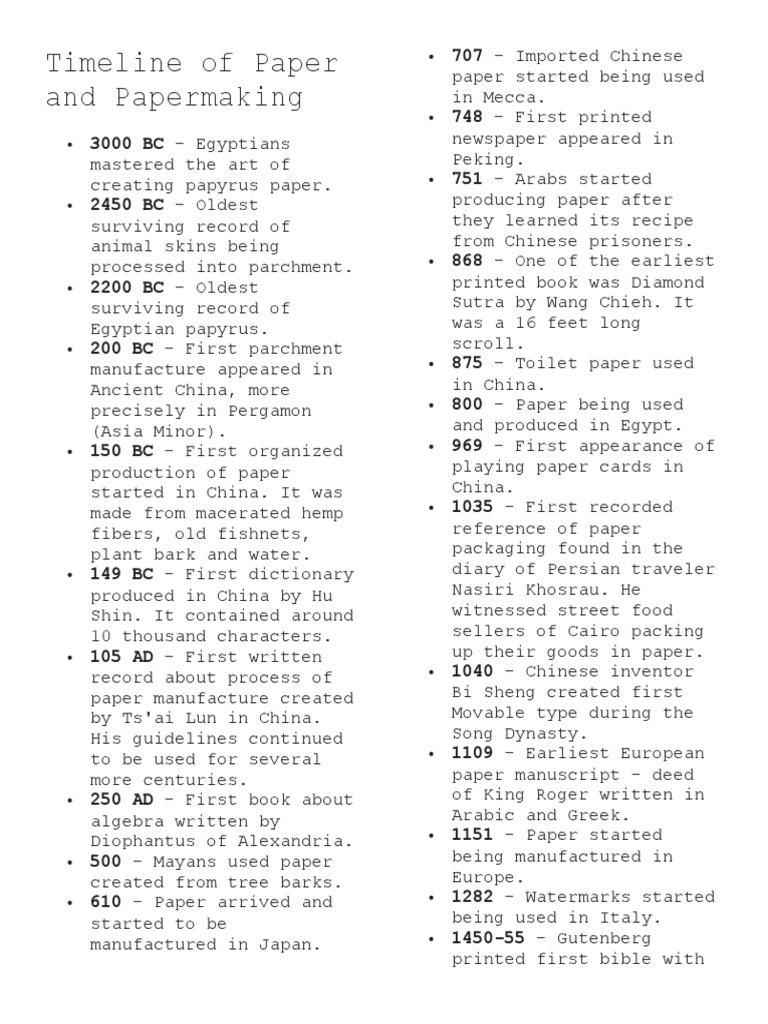 Timeline of Paper and Papermaking | PDF | Paper | Pulp (Paper)
