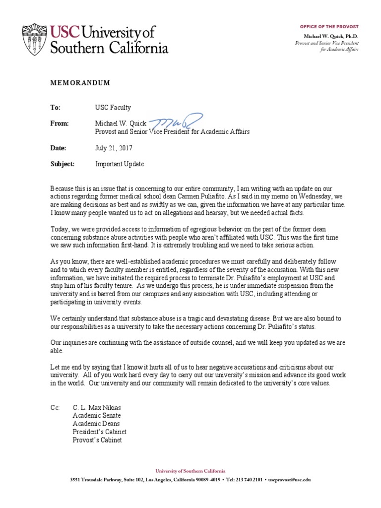 Letter from USC provost | University Of Southern California | Provost ...