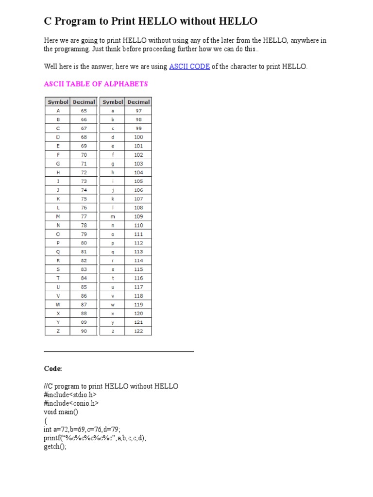 C Program To Print HELLO Without | PDF | C (Programming Language) | Data Type