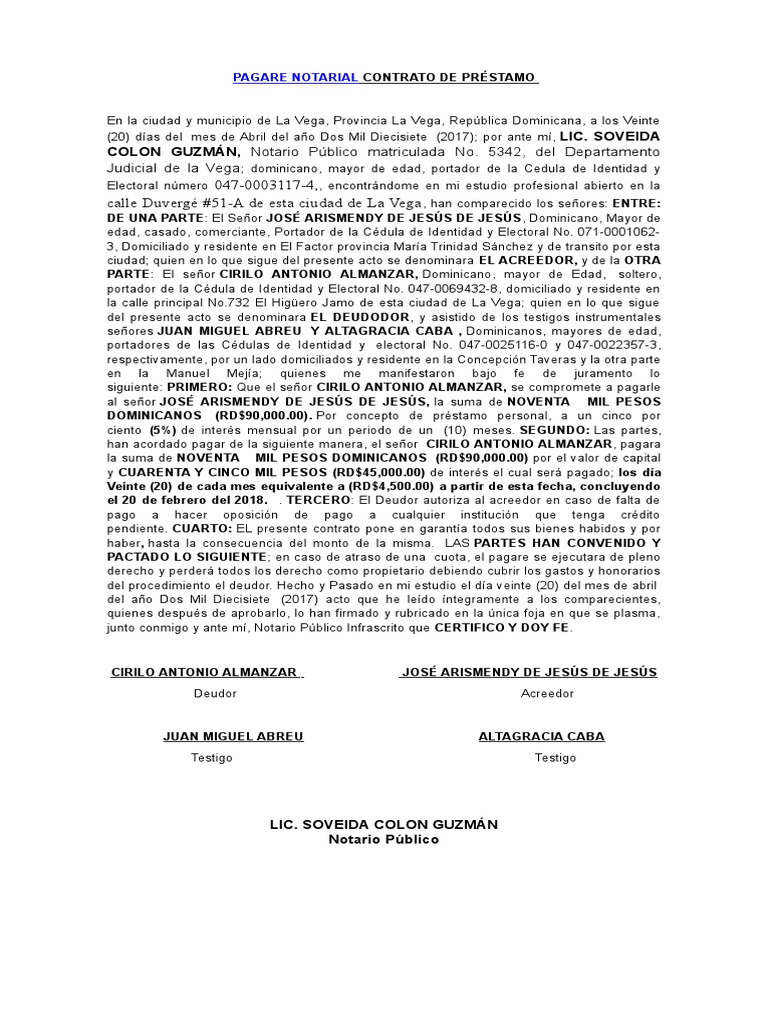 Pagare Notarial Auténtico | República Dominicana | Pagos