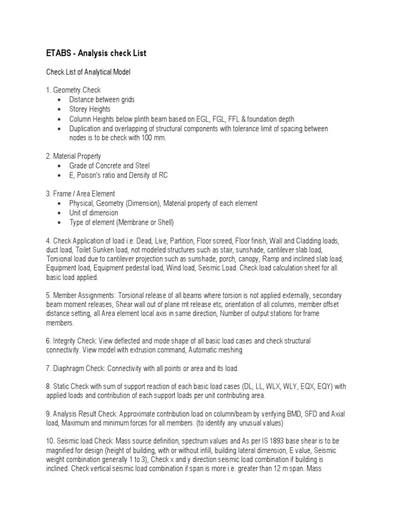 ETABS Analysis Checklist for Structural Model Review | PDF | Beam (Structure) | Structural Load