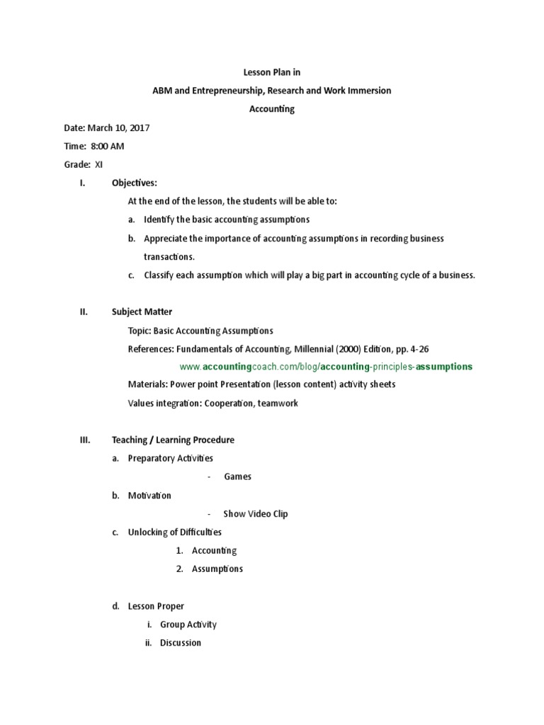 Lesson Plan in ABM and Entrepreneurship, Research and Work Immersion ...