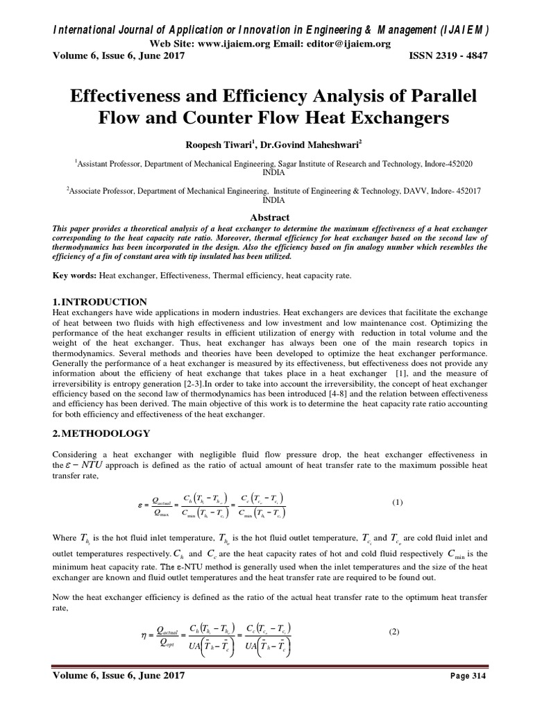 Effectiveness and Efficiency Analysis of Parallel Flow and Counter Flow ...