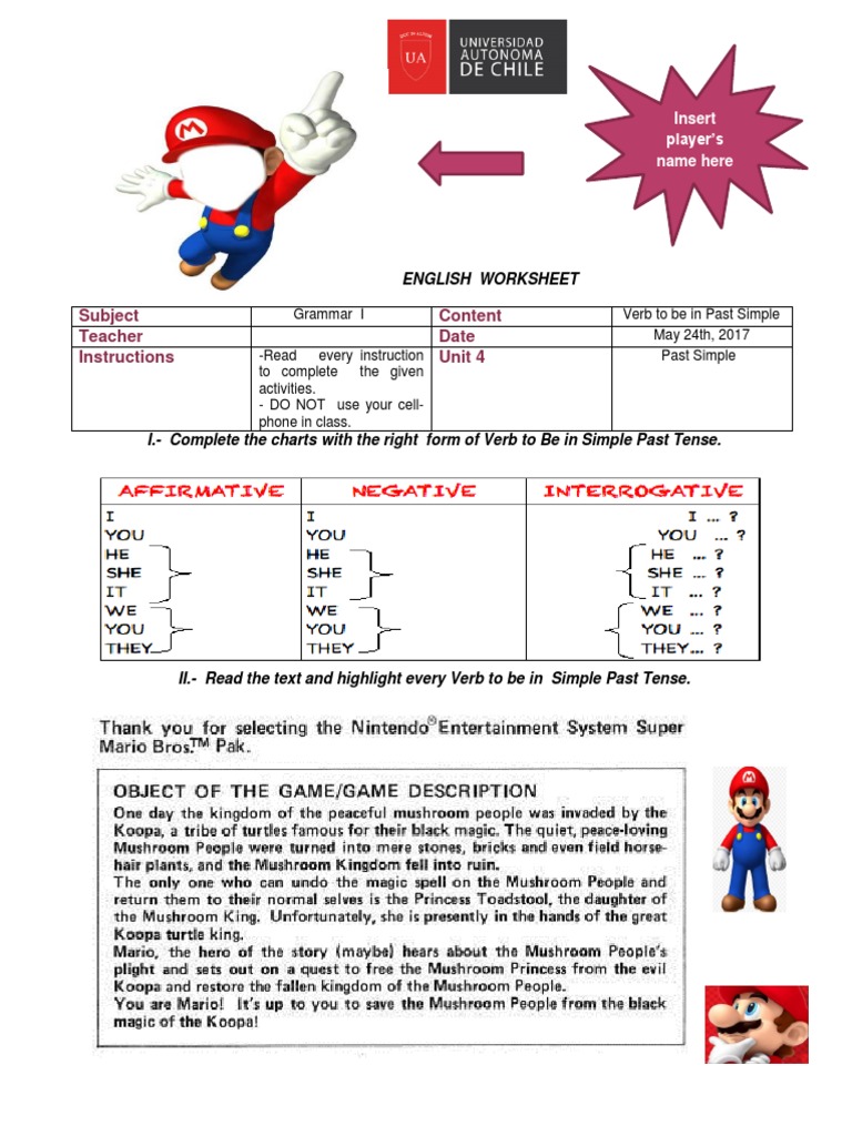 Subject Content Teacher Date Instructions Unit 4: English Worksheet ...