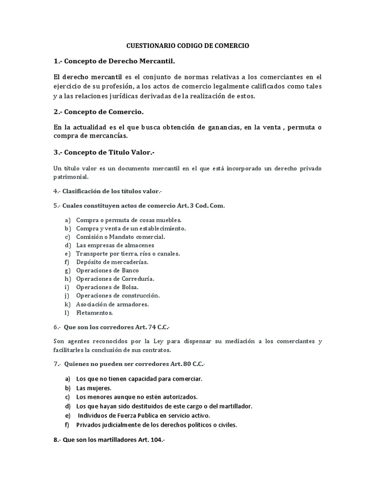 Cuestionario Codigo de Comercio | PDF | Pagaré | Póliza de seguros
