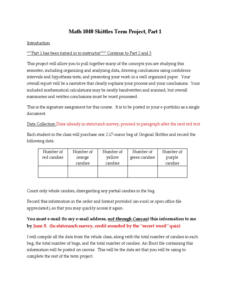 Math 1040 Skittles Project Overview | PDF | Statistical Hypothesis ...