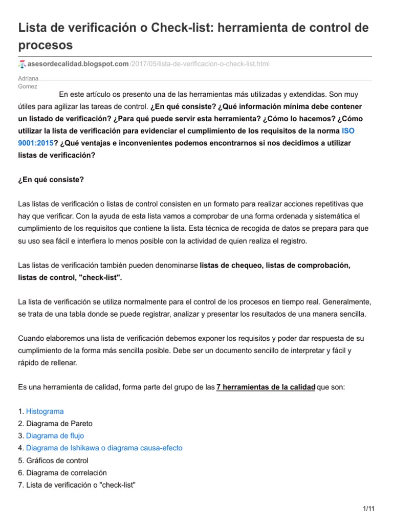 Lista de Verificación o Check-List Herramienta de Control de Procesos ...