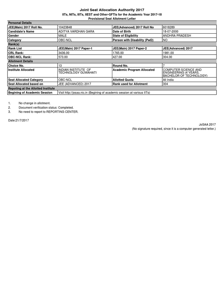 Joint Seat Allocation Authority 2017 | PDF | Higher Education | Career ...