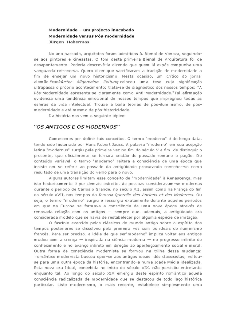 Habermas Modernidade Um Discurso Inacabado | PDF | Modernidade | Modernismo