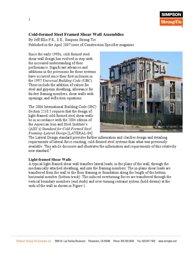 Cold-Formed Steel Framed Shear Wall Assemblies: Framing-Lateral Design ...
