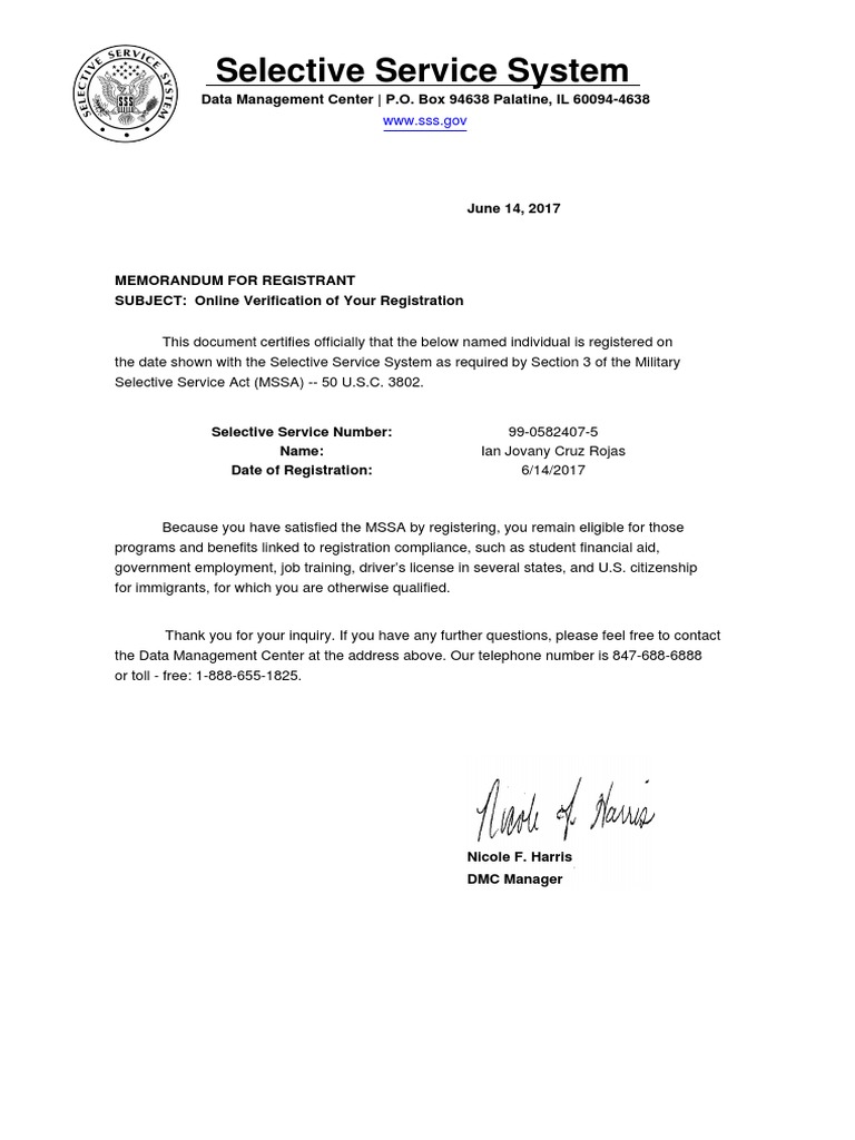 Selective Service System: Data Management Center - P.O. Box 94638 ...