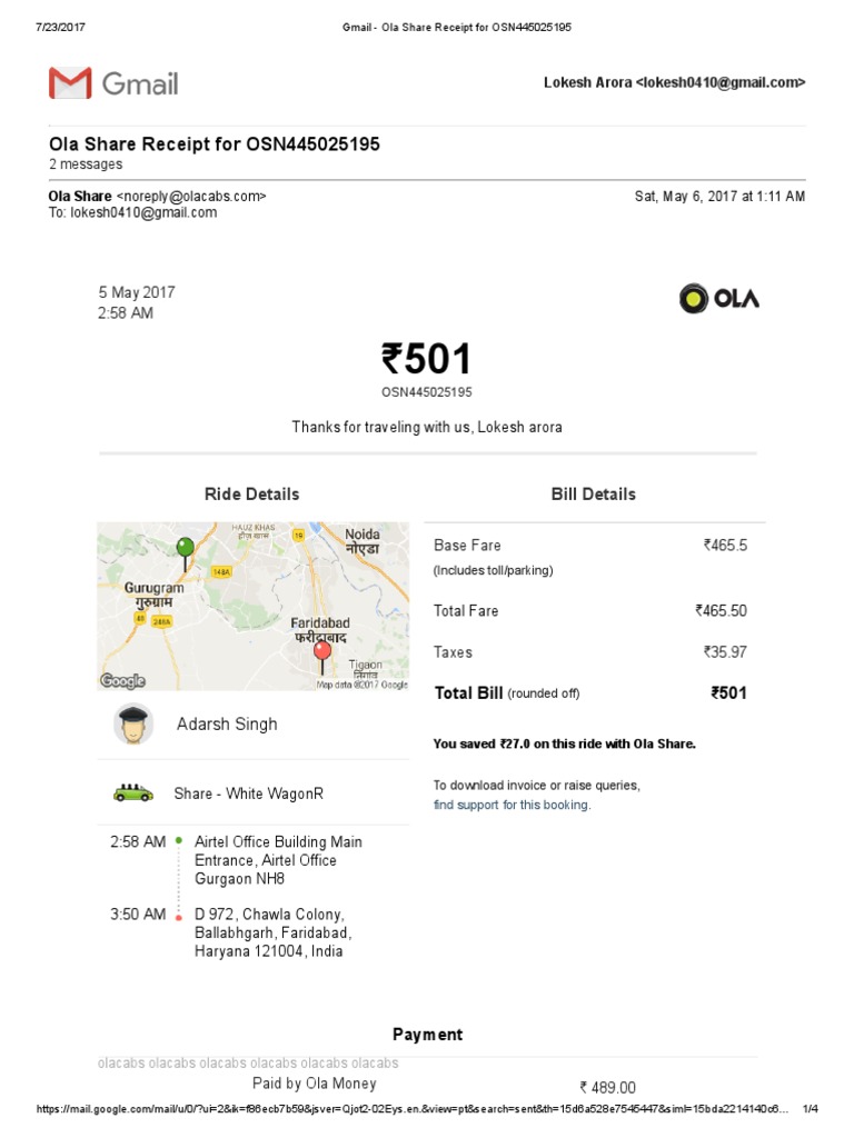 Gmail - Ola Share Receipt For OSN445025195 | Download Free PDF ...