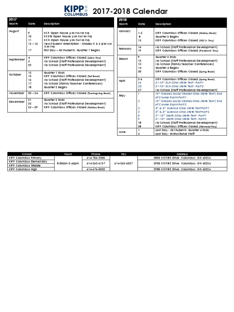 KIPP Columbus 2017-2018 School Calendar | PDF | Behavior Modification ...