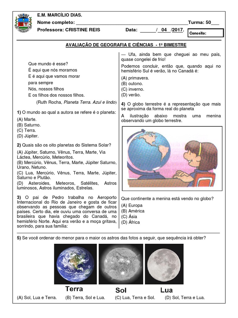 Avaliacao 5o.ano GEO e CIE 1o.bim | PDF | Terra | Planetas