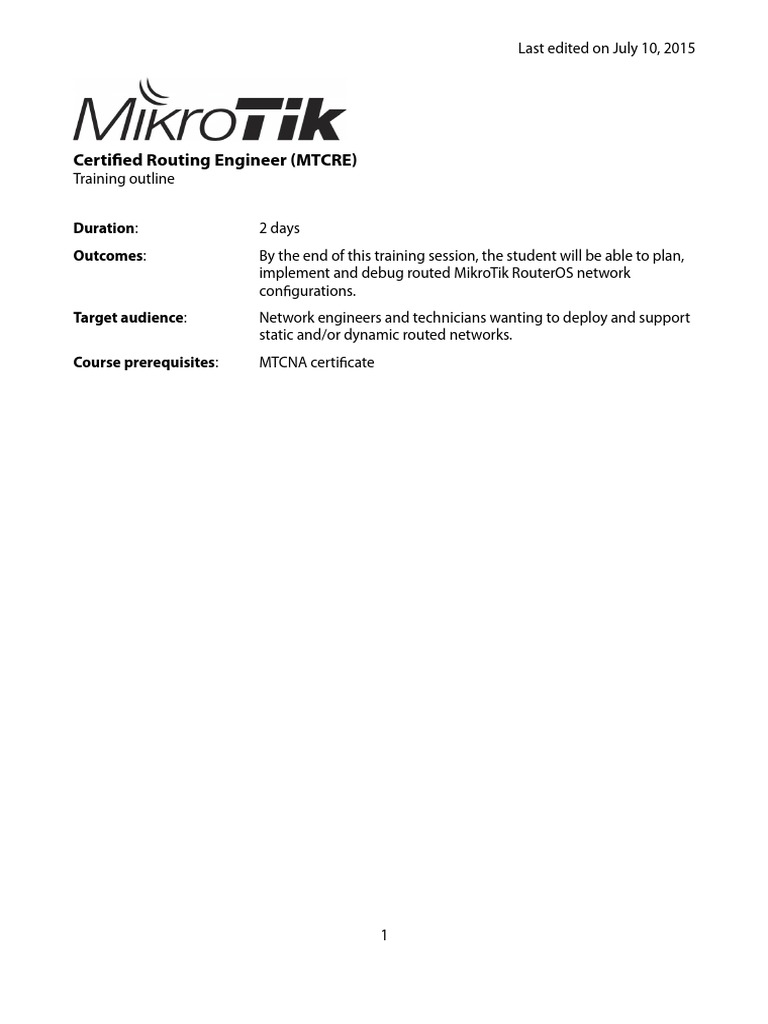 Certified Routing Engineer (MTCRE) : Duration: Outcomes | PDF ...