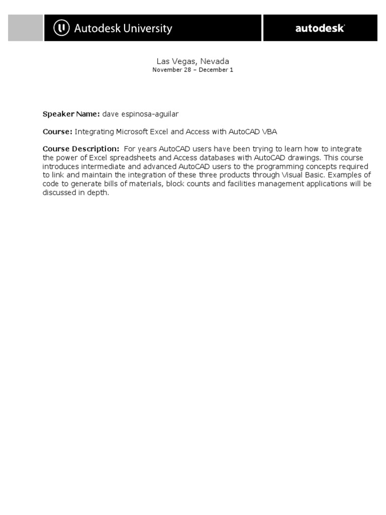 Integrating MS Excel and Access With AutoCAD VBA PDF | PDF | Microsoft Excel | Spreadsheet