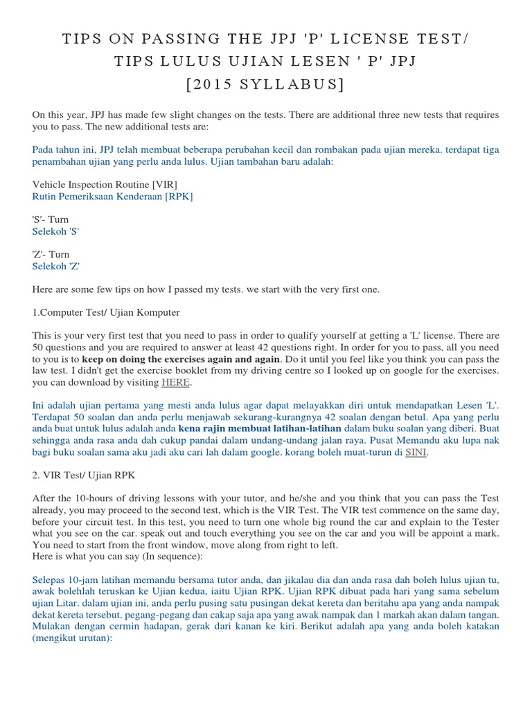 Tips On Passing The JPJ 'P' License Test | PDF | Machines | Vehicle ...