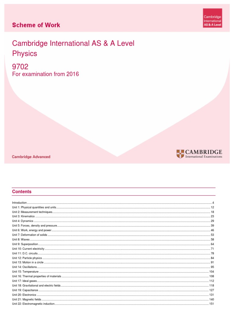 Cambridge International AS & A Level Physics 9702: Scheme of Work | PDF ...