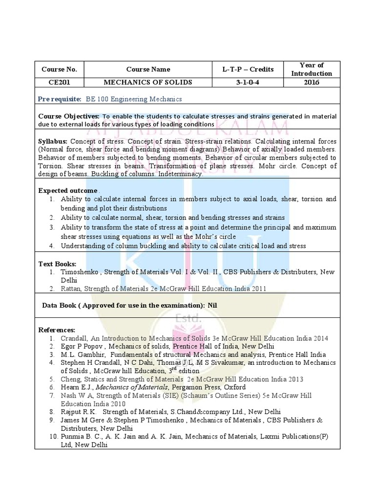 Pre Requisite: BE 100 Engineering Mechanics | PDF | Bending | Stress ...