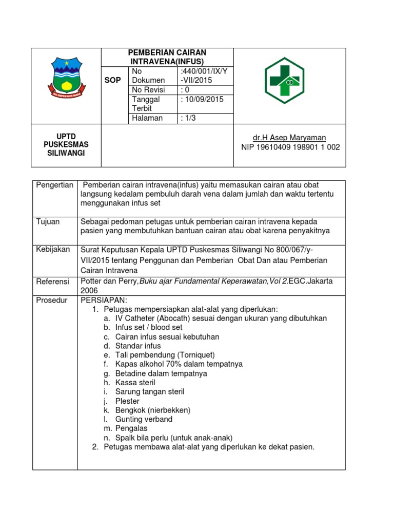 Sop Pemberian Cairan Intravena | PDF