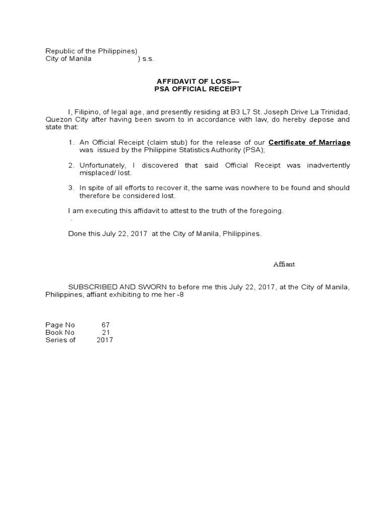 Psa Affidavit of Loss Receipt PSA. | PDF