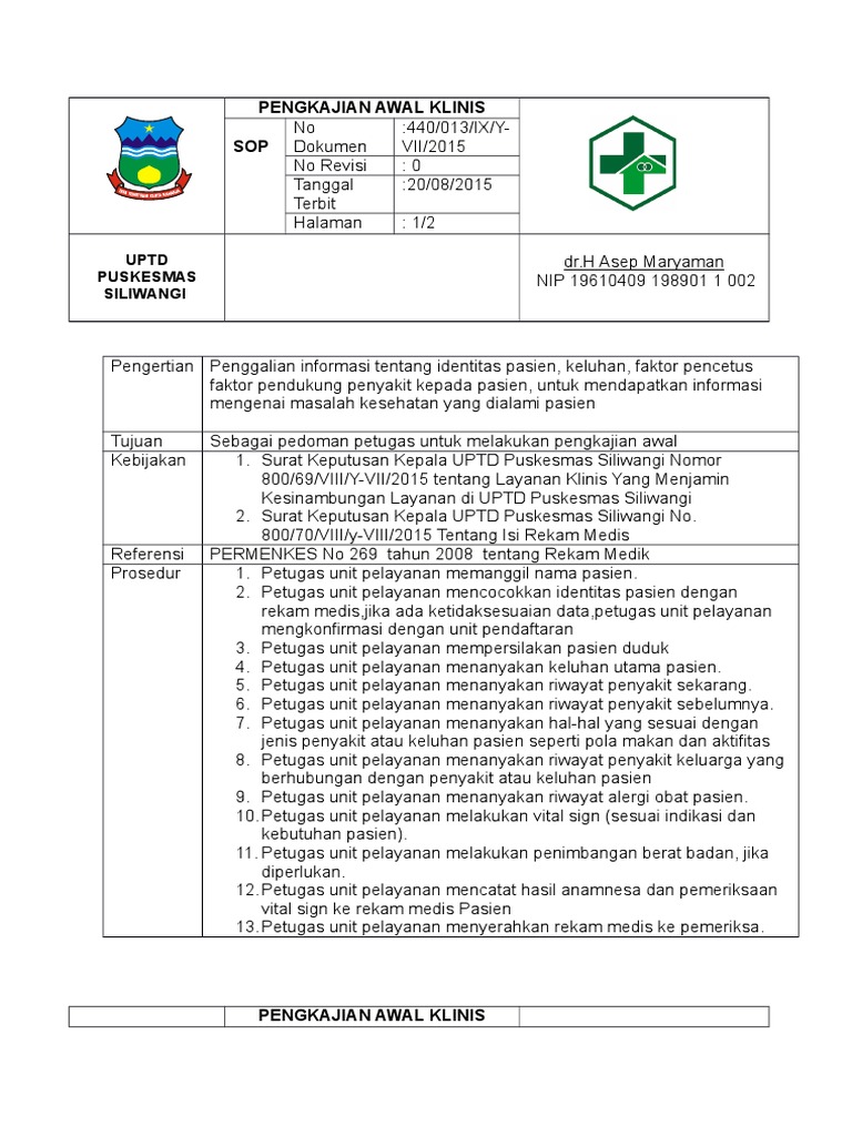Sop Pengkajian Awal Klinis | PDF | Sains & Matematika
