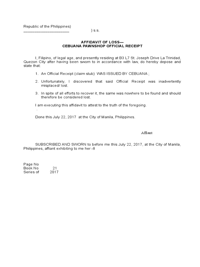 CEBUANA PAWNSHOP Affidavit of Loss ReceipT. | PDF