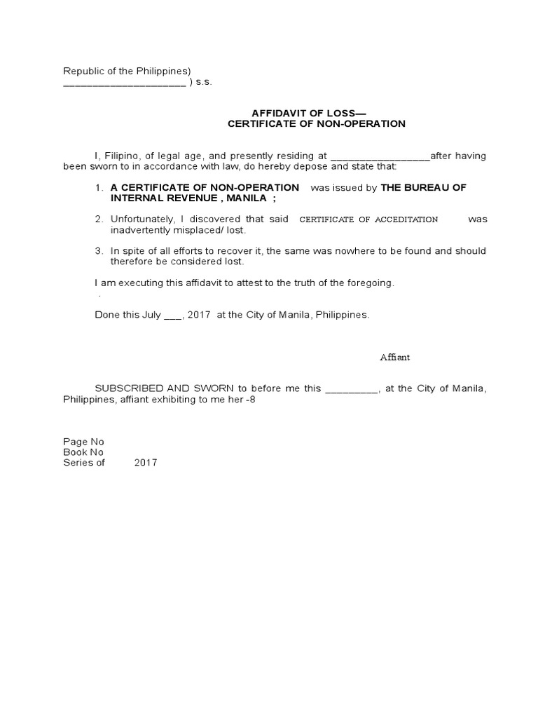 Affidavit of Loss: Certificate of Non-Operation | PDF