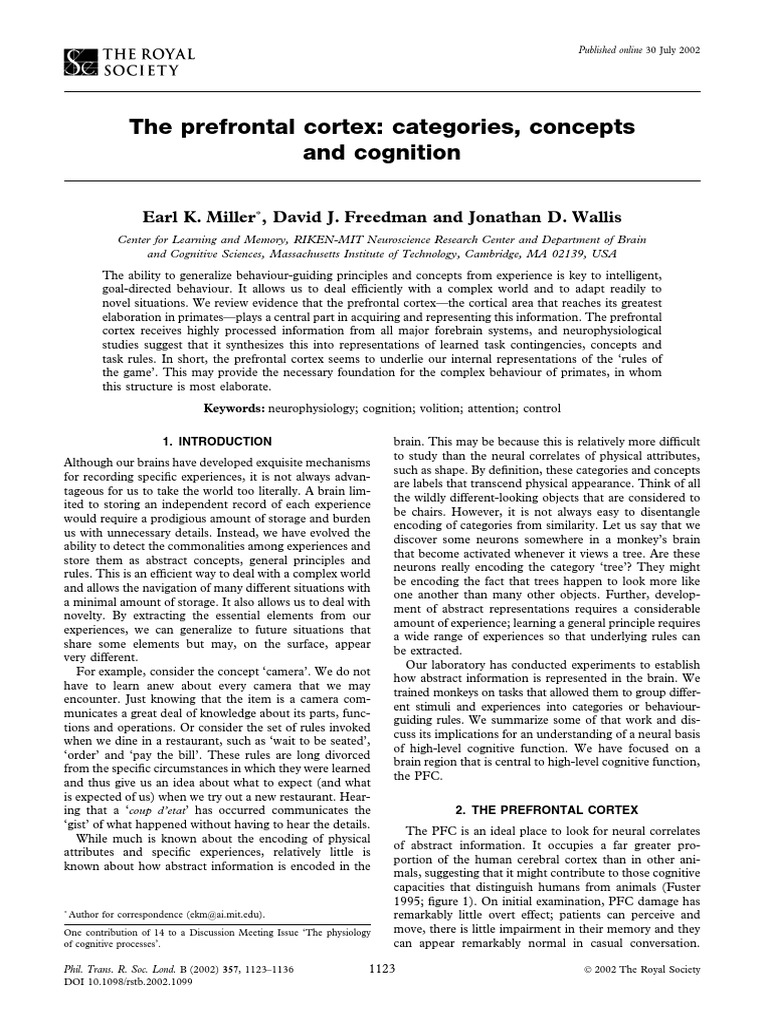 The Prefrontal Cortex: Categories, Concepts and Cognition: Earl K ...