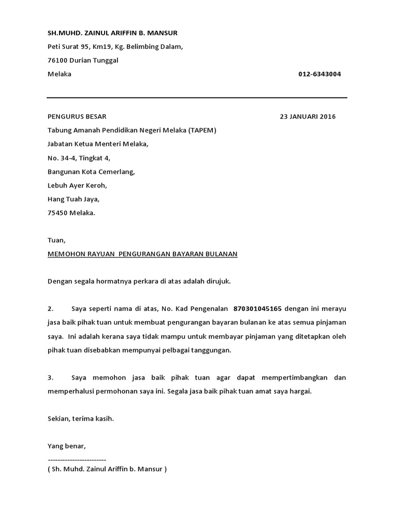 Contoh Surat Permohonan Pengurangan Bayaran Pinjaman - historyploaty