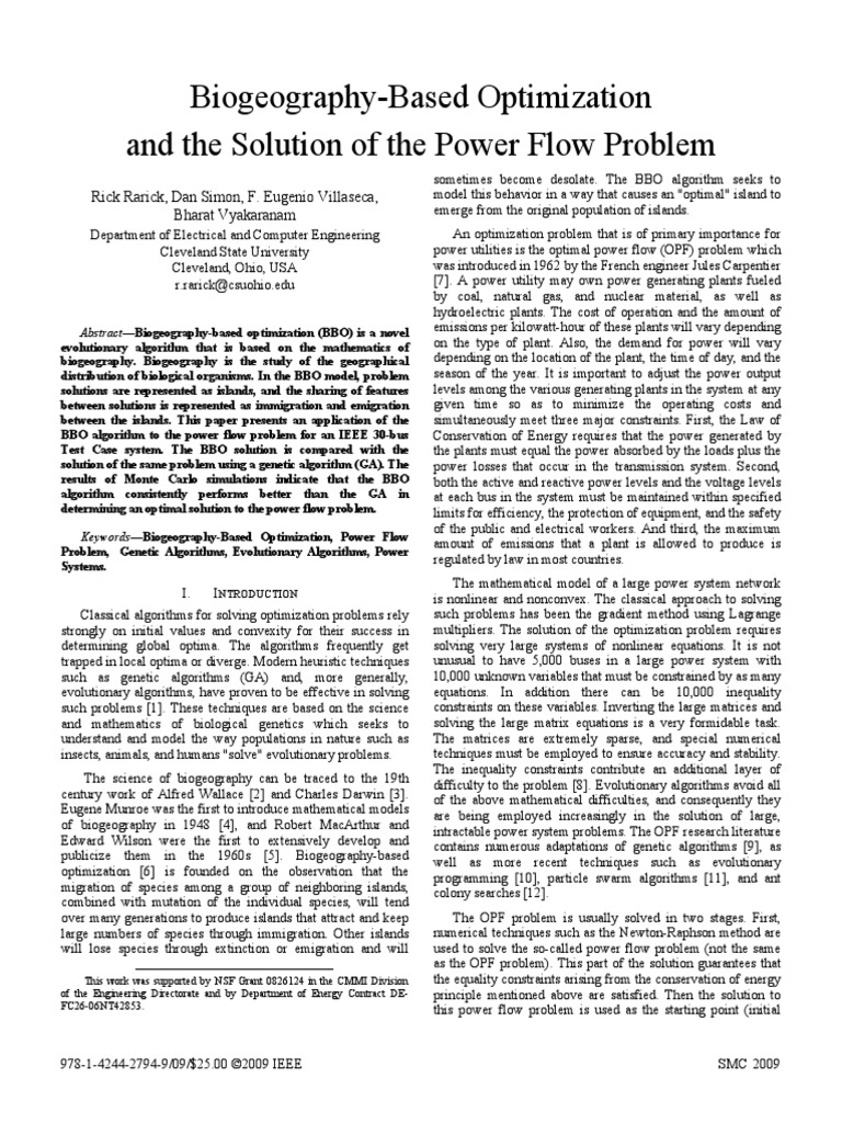 Biogeography-Based Optimization and The Solution of The Power Flow ...