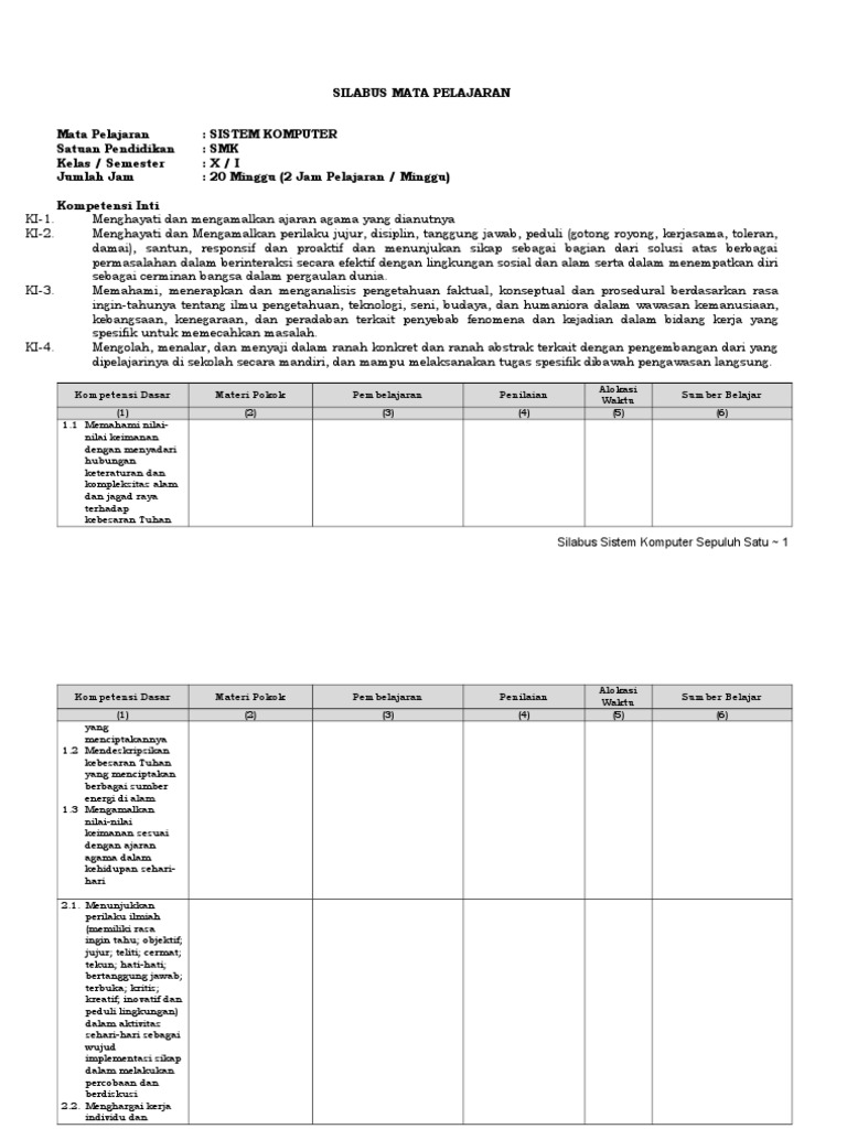 Silabus Sistem Komputer Semester 1 | PDF