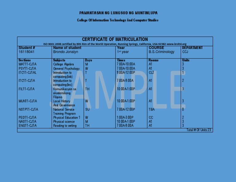 Certificate of Matriculation: Pamantasan NG Lungsod NG Muntinlupa | PDF