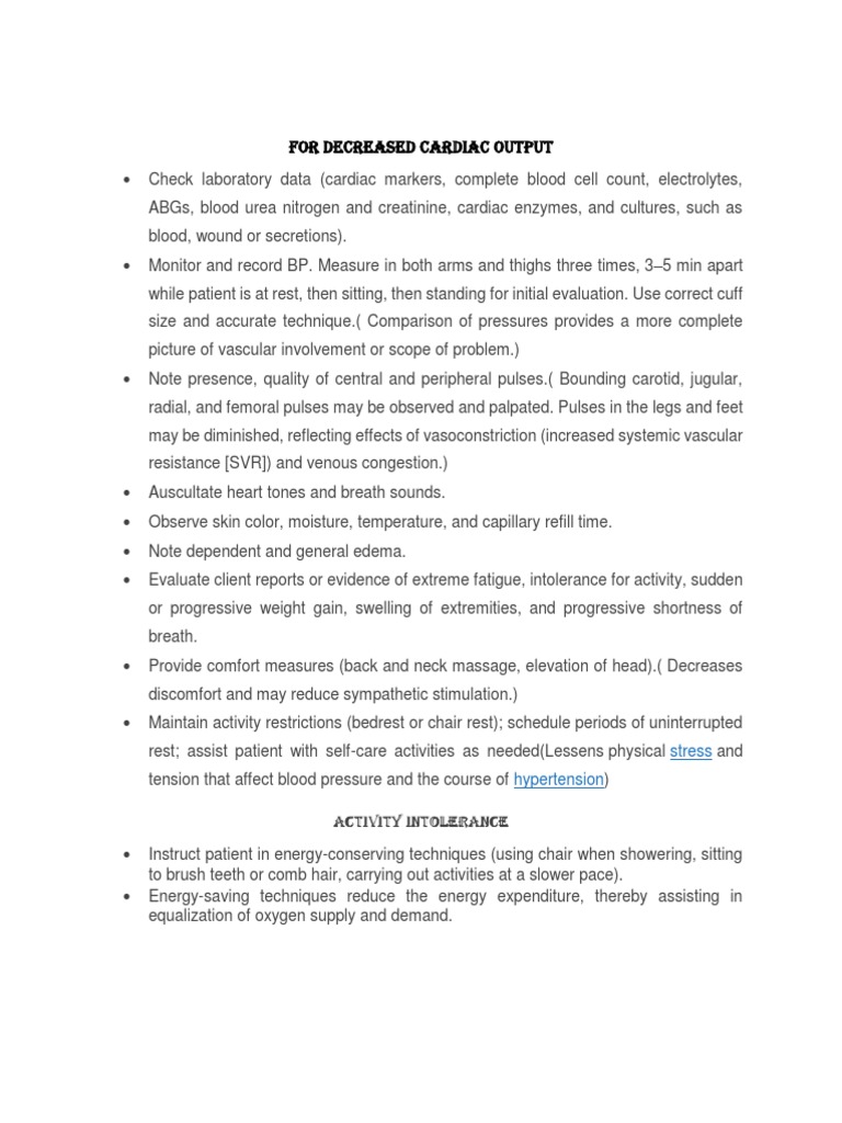 For Decreased Cardiac Output: Activity Intolerance | PDF | Hypertension ...