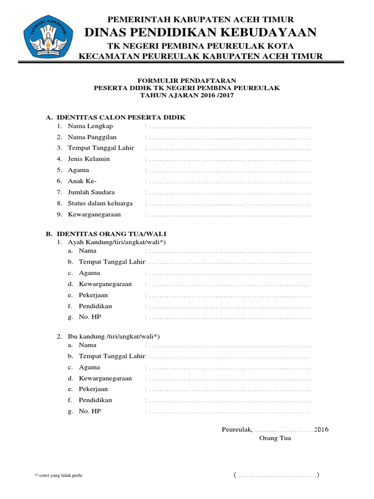 Formulir Pendaftaran TK Negeri 2017 | PDF | Game & Aktivitas