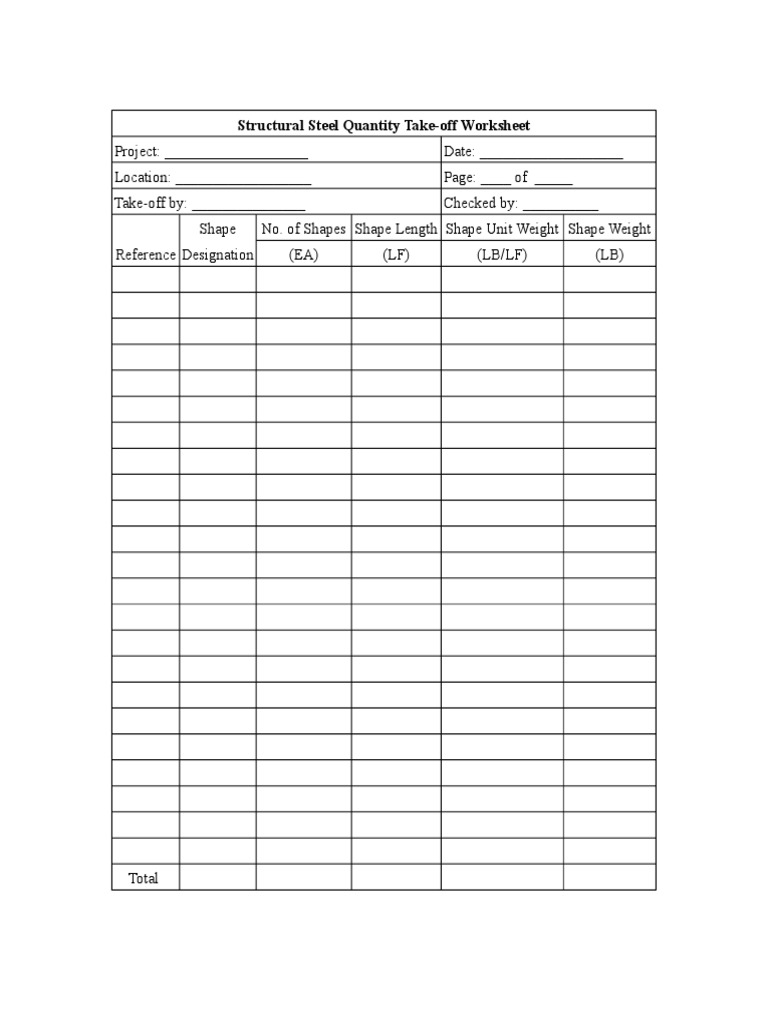 Structural Steel Quantity Take-Off Worksheet | PDF