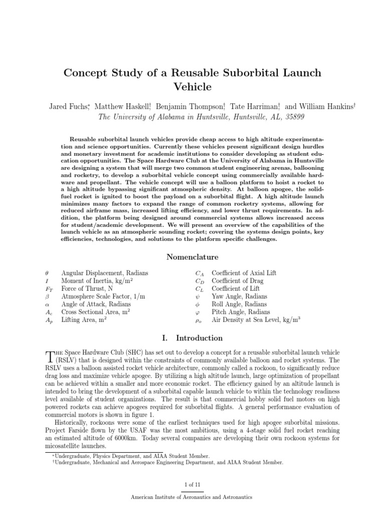 Concept Study of A Reusable Suborbital Launch Vehicle | PDF | Rocket ...