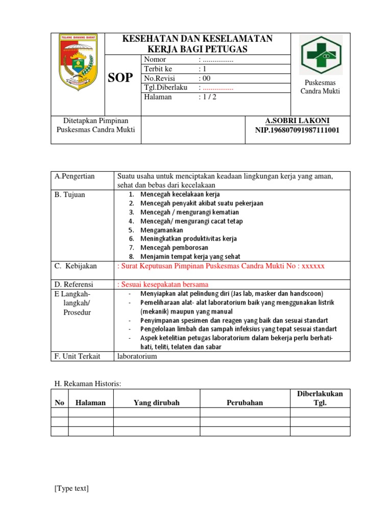 4.sop Kesehatan Dan Keselamatan Kerja Bagi Petugas | PDF